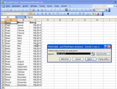 Microsoft Excel, Dynamischer Bereich, Bereich automatisch erweitern